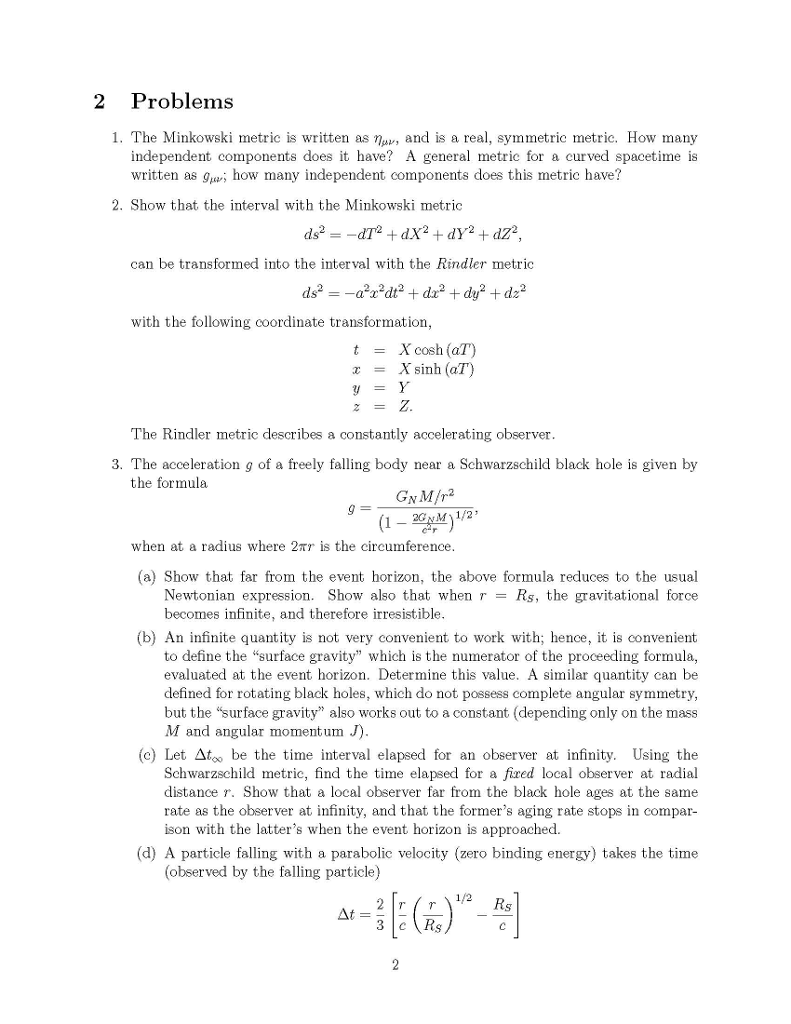 2 Problems 1, The Minkowski metric is written as v, | Chegg.com