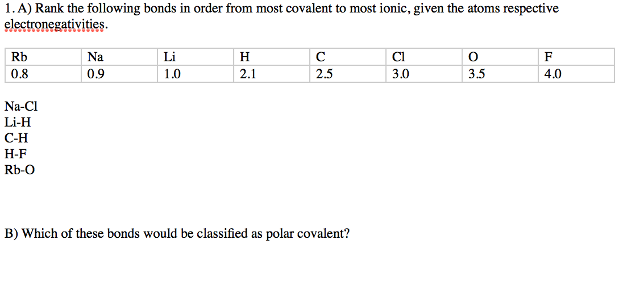 Solved Rank the following bonds in order from most covalent | Chegg.com