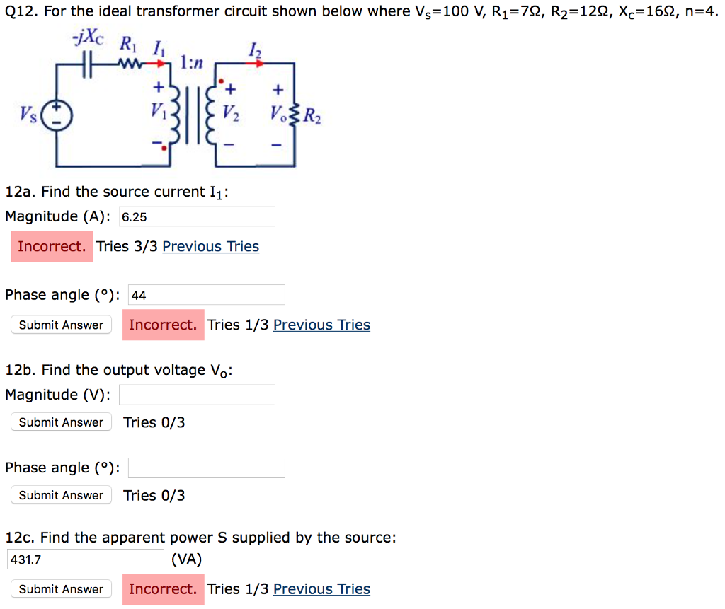 Solved 012. For the ideal transformer circuit shown below | Chegg.com