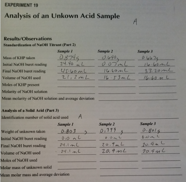 Analysis of an unknown acid sample. Please help me | Chegg.com