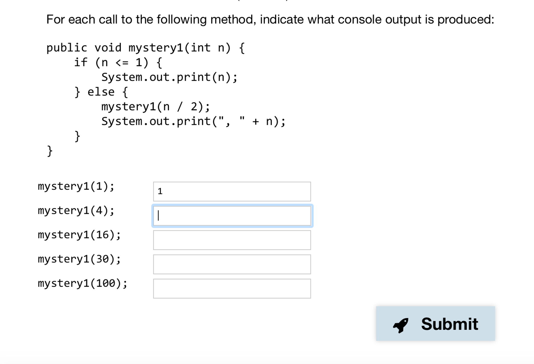 Solved For each call to the following method, indicate what | Chegg.com