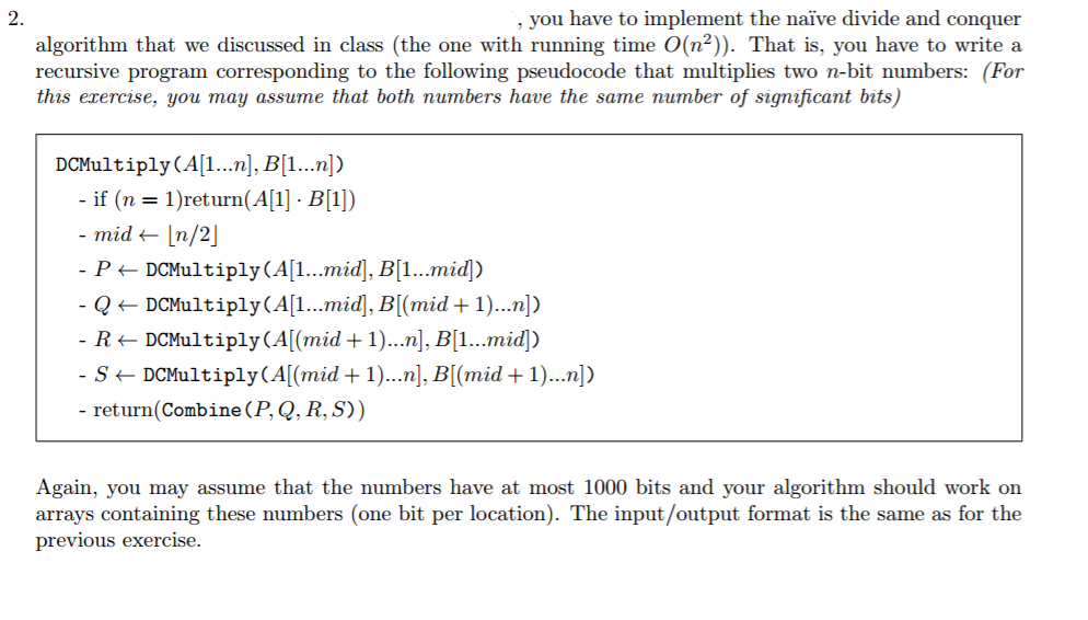 Simple code for the following divide and conquer | Chegg.com