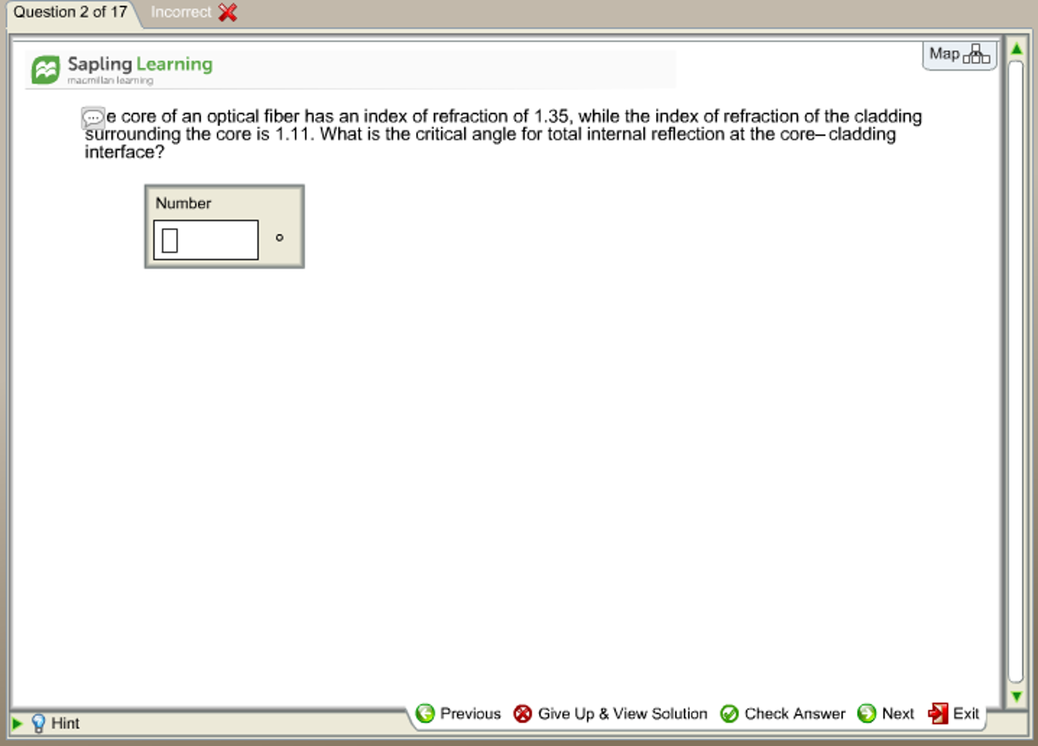 Solved Core of an optical fiber has an index of refraction | Chegg.com