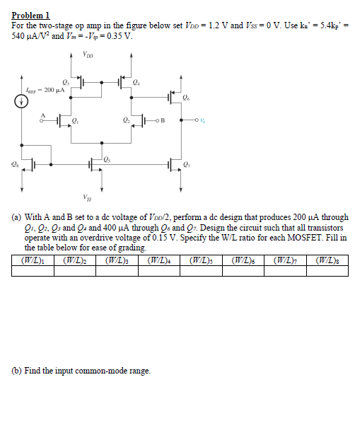 Solved Problem 1 For the two-stage op amp in the figure | Chegg.com