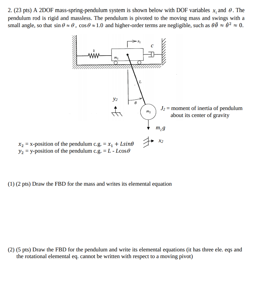 Solved 2. (23 pts) A 2DOF mass-spring-pendulum system is | Chegg.com