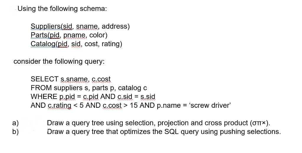Solved Using the following schema: Suppliers(sid. sname, | Chegg.com