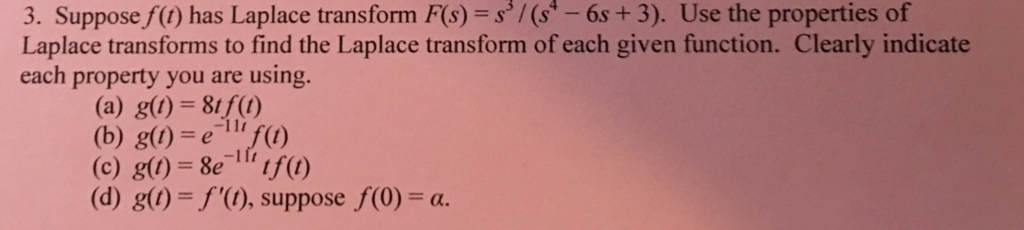 Solved Suppose f(t) has Laplace transform F(s) = s^3/(s^4 - | Chegg.com