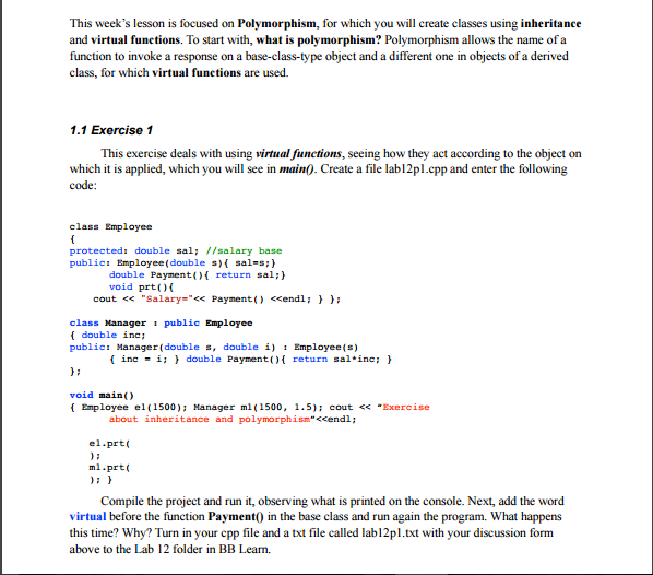Solved This Weeks Lesson Is Focused On Polymorphism For