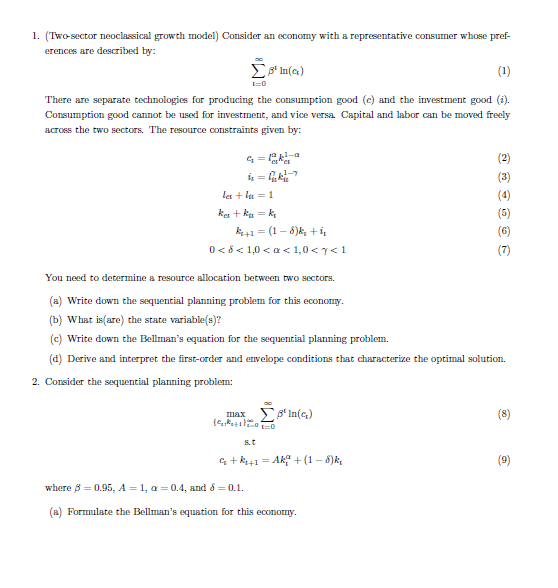 Consider an economy with a representative consumer | Chegg.com