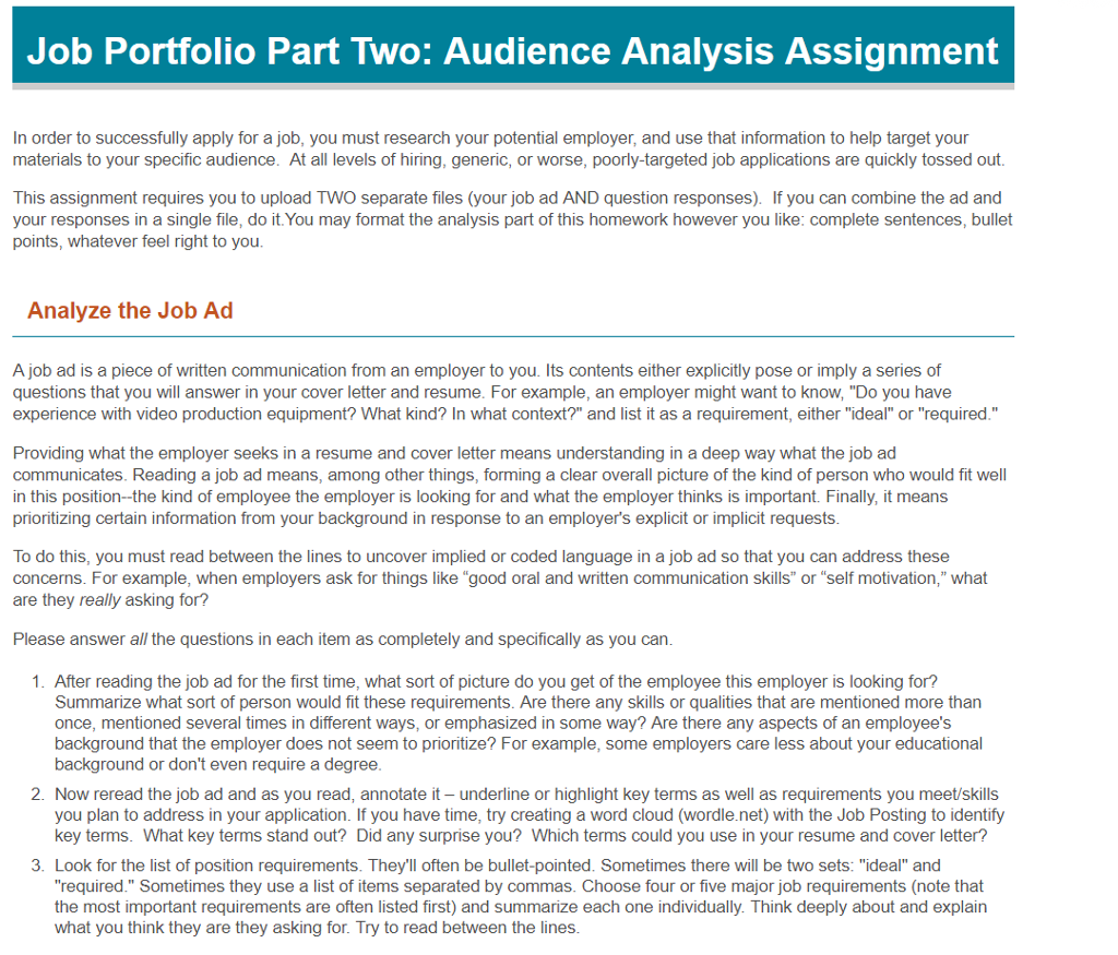 Job Portfolio Part Two: Audience Analysis Assignment | Chegg.com