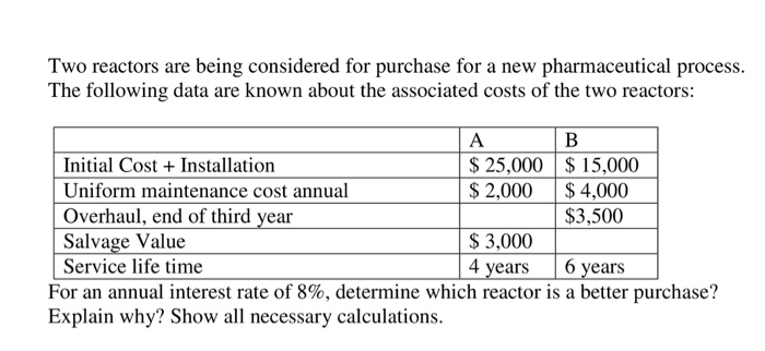 Solved Two reactors are being considered for purchase for a | Chegg.com