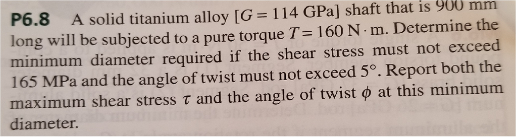 Solved P6.8 A solid titanium alloy [G 114 GPa] shaft that is | Chegg.com
