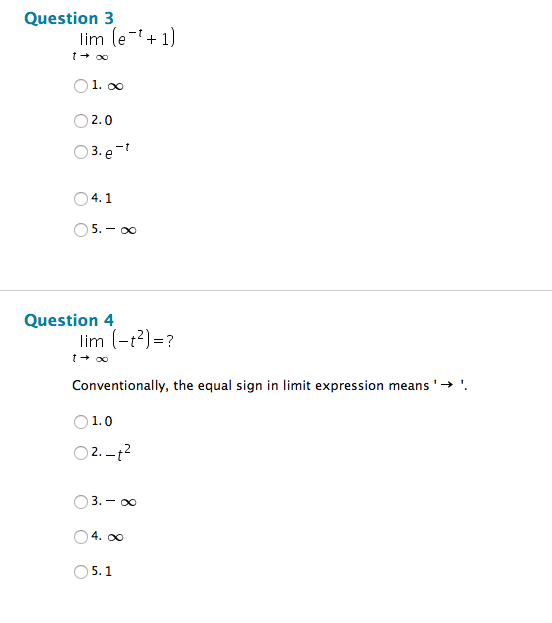Solved Question 3 lim (e +1) O2.0 04.1 Question 4 lim | Chegg.com