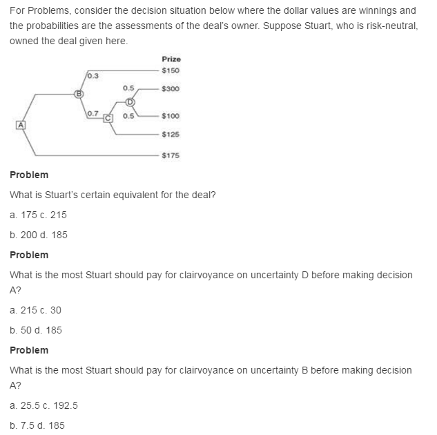 Solved For Problems, consider the decision situation below | Chegg.com