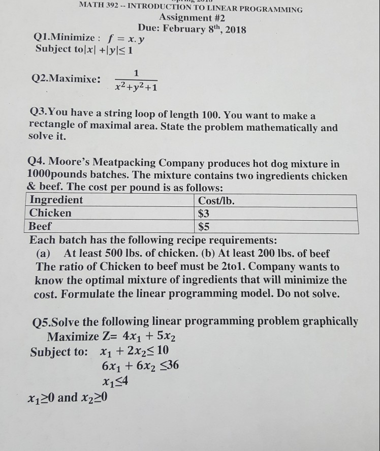 Solved MATH 392 INTRODUCTION TO LINEAR PROGRAMMING | Chegg.com