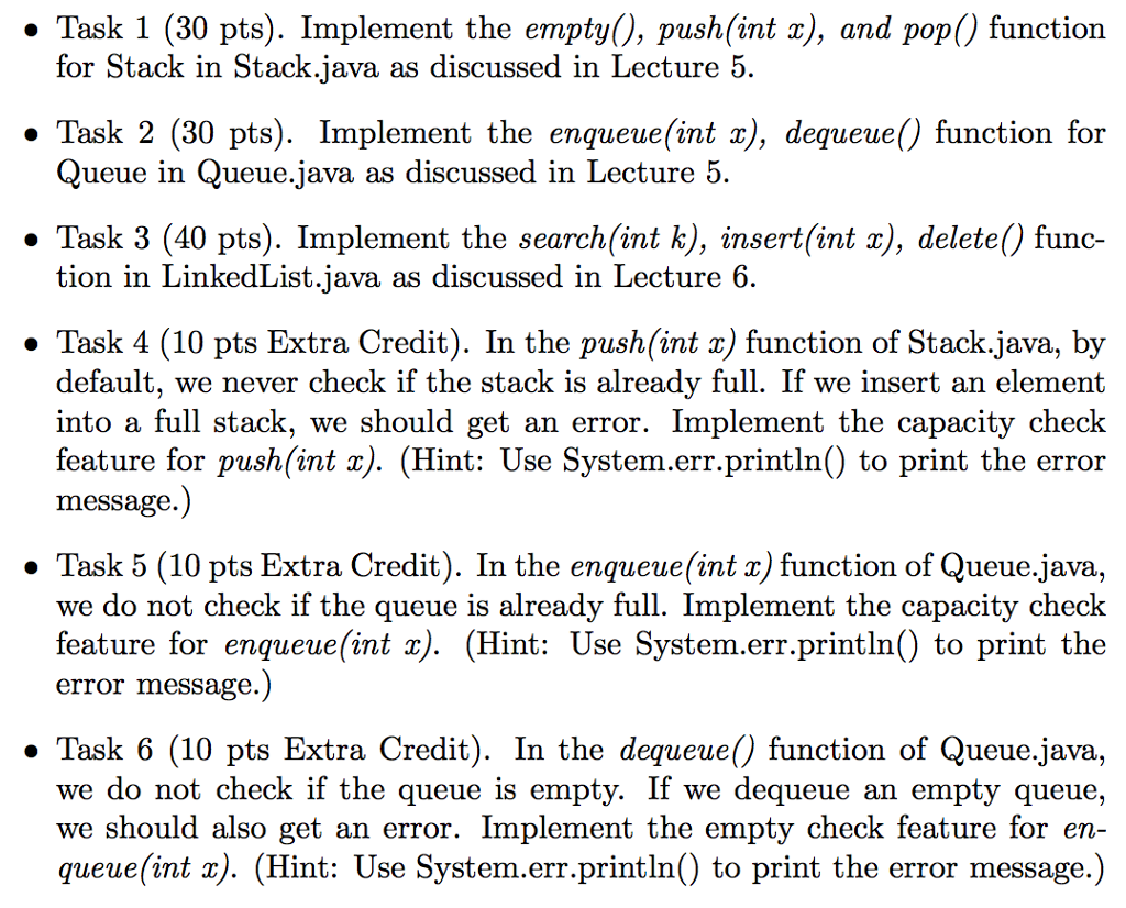 Solved . Task 1 (30 pts). Implement the empty), push(int z), | Chegg.com