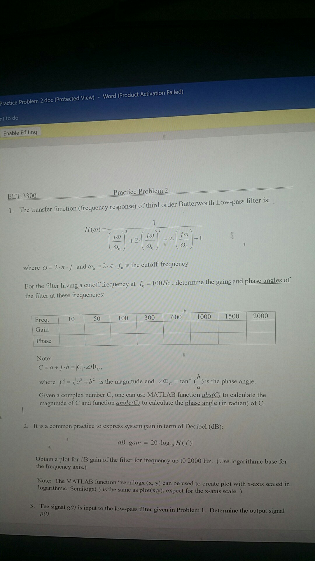 Solved The transfer function (frequency response) of third | Chegg.com