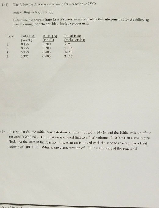 Solved 1.(4) The following data was determined for a | Chegg.com