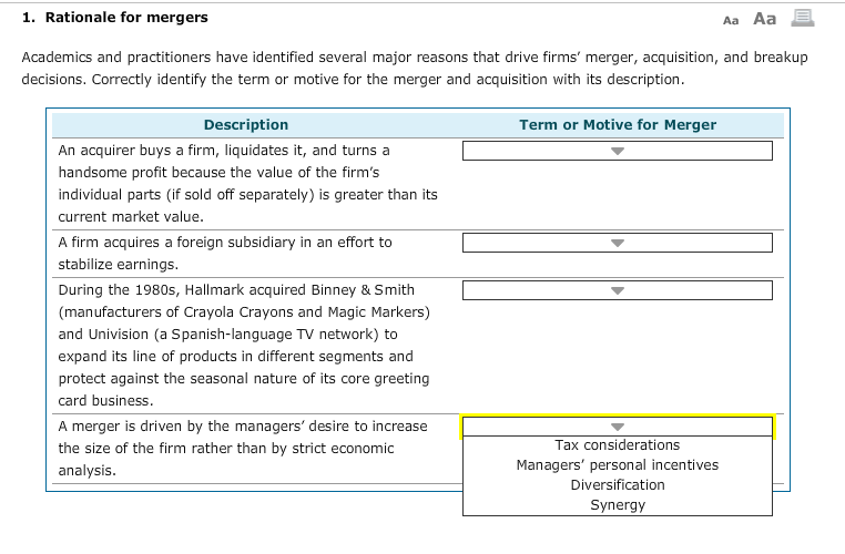 Solved 1. Rationale for mergers Aa Aa Academics and | Chegg.com
