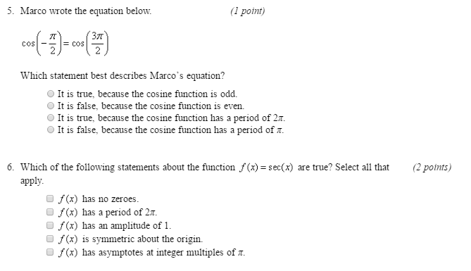 Solved 5. Marco wrote the equation below. (1 point) COS COS | Chegg.com