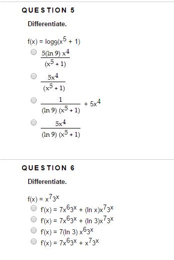 Solved Differentiate. f(x) = log9(x^5 + 1) 5(ln 9)x^4/(x^5 | Chegg.com
