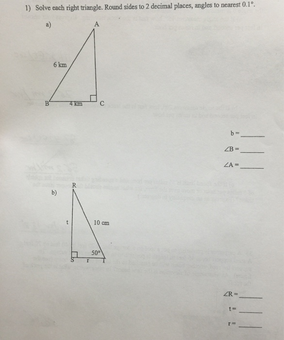 Solved 1) Solve each right triangle. Round sides to 2 | Chegg.com
