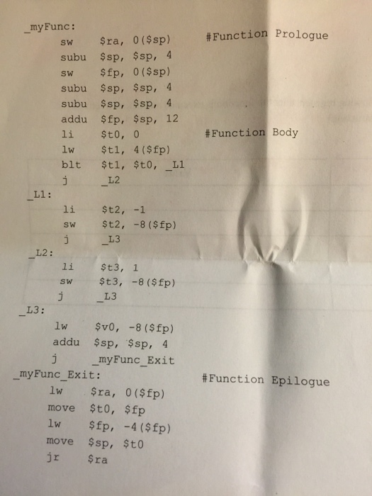 Solved myFunc: #Function Prologue sw $ra, 0($sp) subu $sp, | Chegg.com