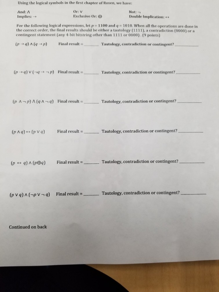 Solved Using the logical symbols in the first chapter of | Chegg.com