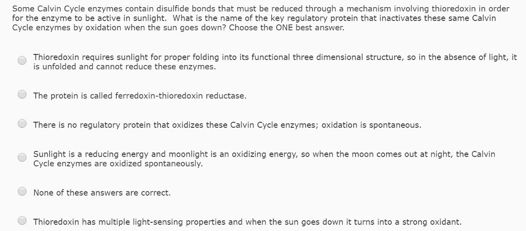 Solved Some Calvin Cycle enzymes contain disulfide bonds | Chegg.com