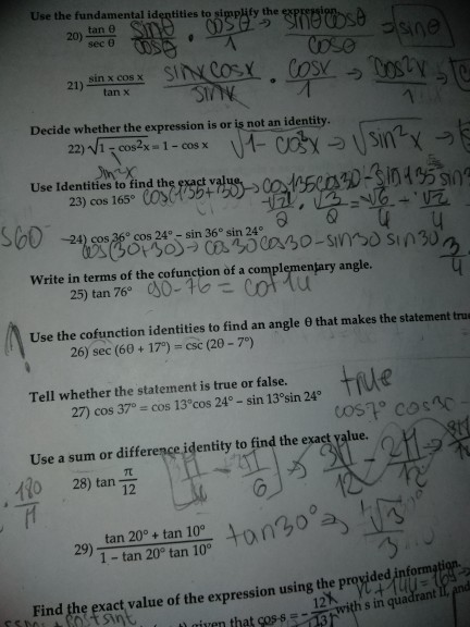 Solved use the cofunction identities to find an angle 0 that | Chegg.com