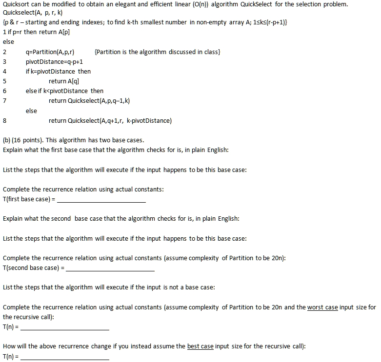 Solved Quicksort can be modified to obtain an elegant and | Chegg.com