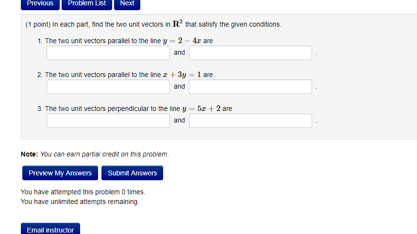 Solved Previous Problem List Next (1 point) In each part, | Chegg.com