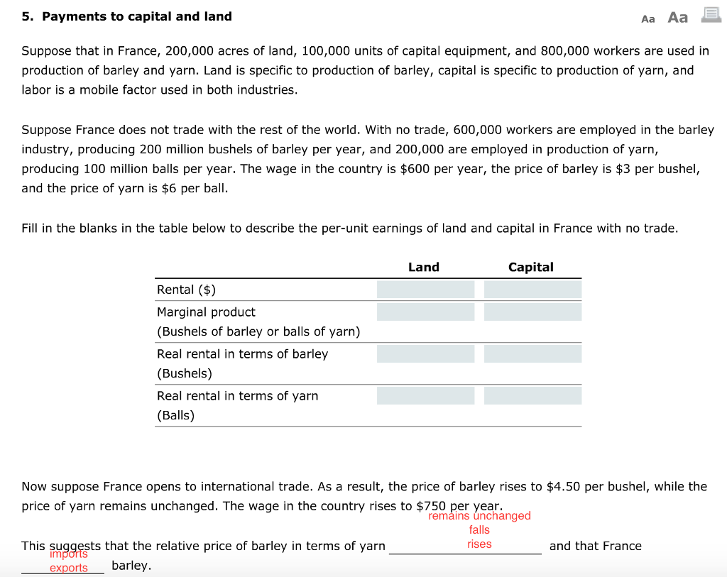 Solved Aa Aa E, 5. Payments to capital and land Suppose that | Chegg.com
