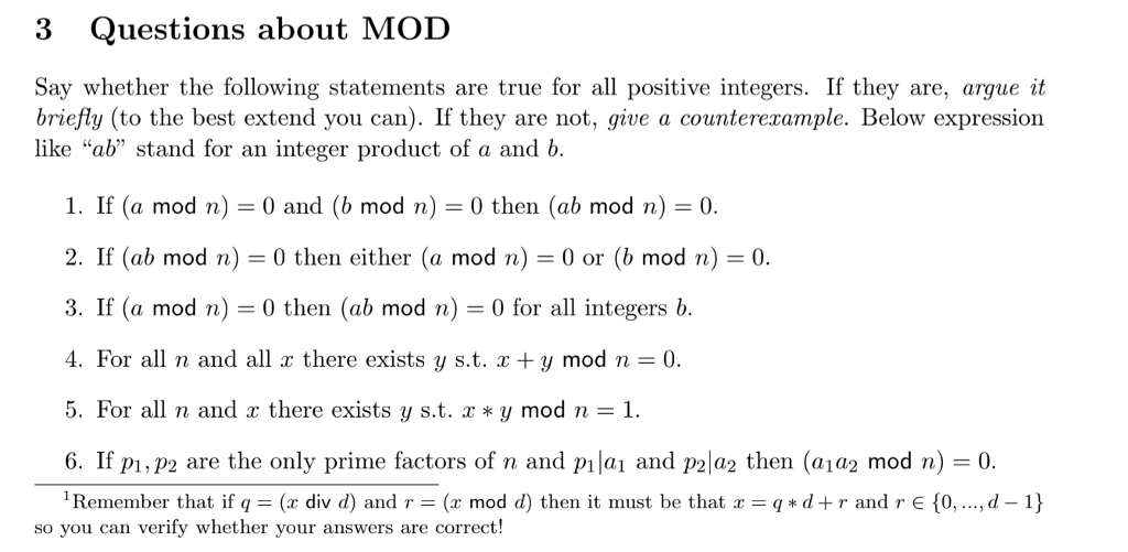 Solved 3 Questions about MOD Say whether the following | Chegg.com