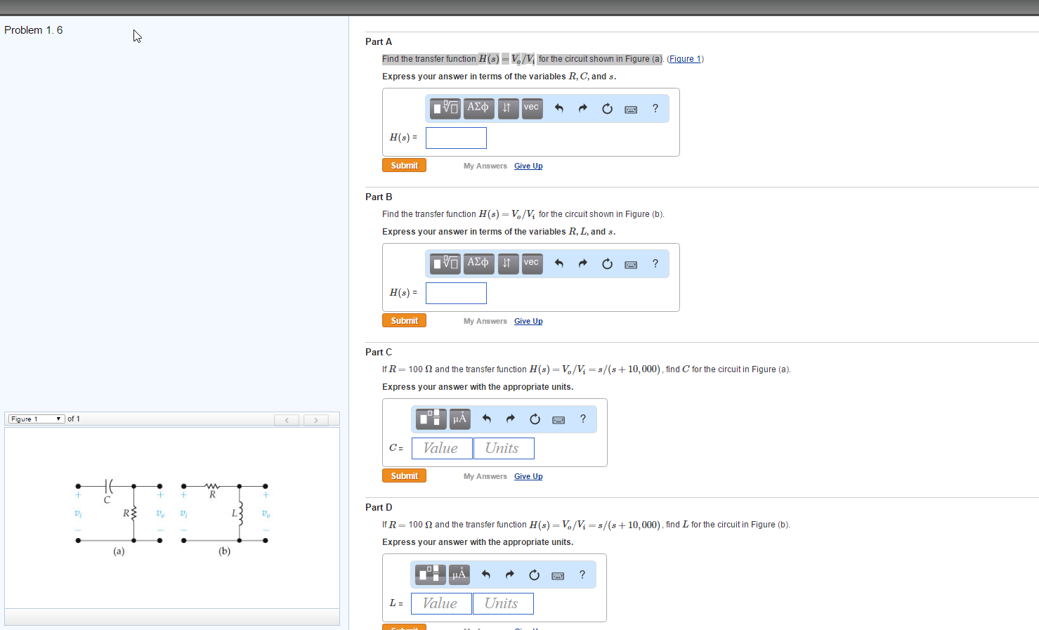 Solved Find the transfer function H(s) = V_0/V_i for the | Chegg.com
