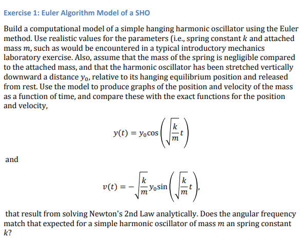 Solved Exercise 1: Euler Algorithm Model of a SHO Build a | Chegg.com