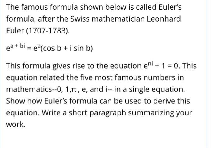 Solved The famous formula shown below is called Euler's | Chegg.com