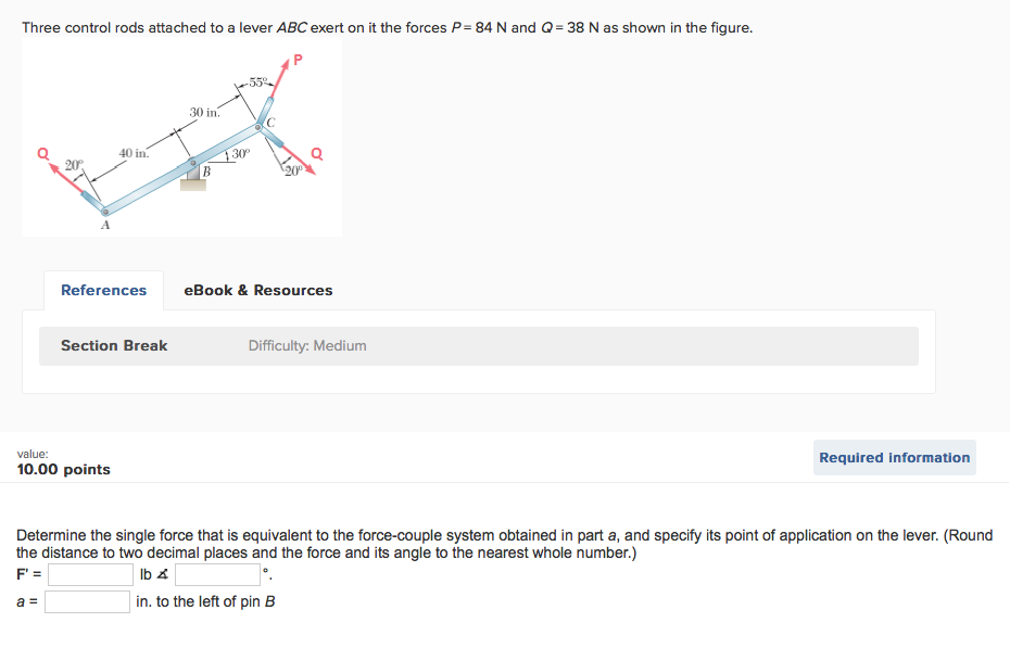 Solved Three control rods attached to a lever ABC exert on | Chegg.com
