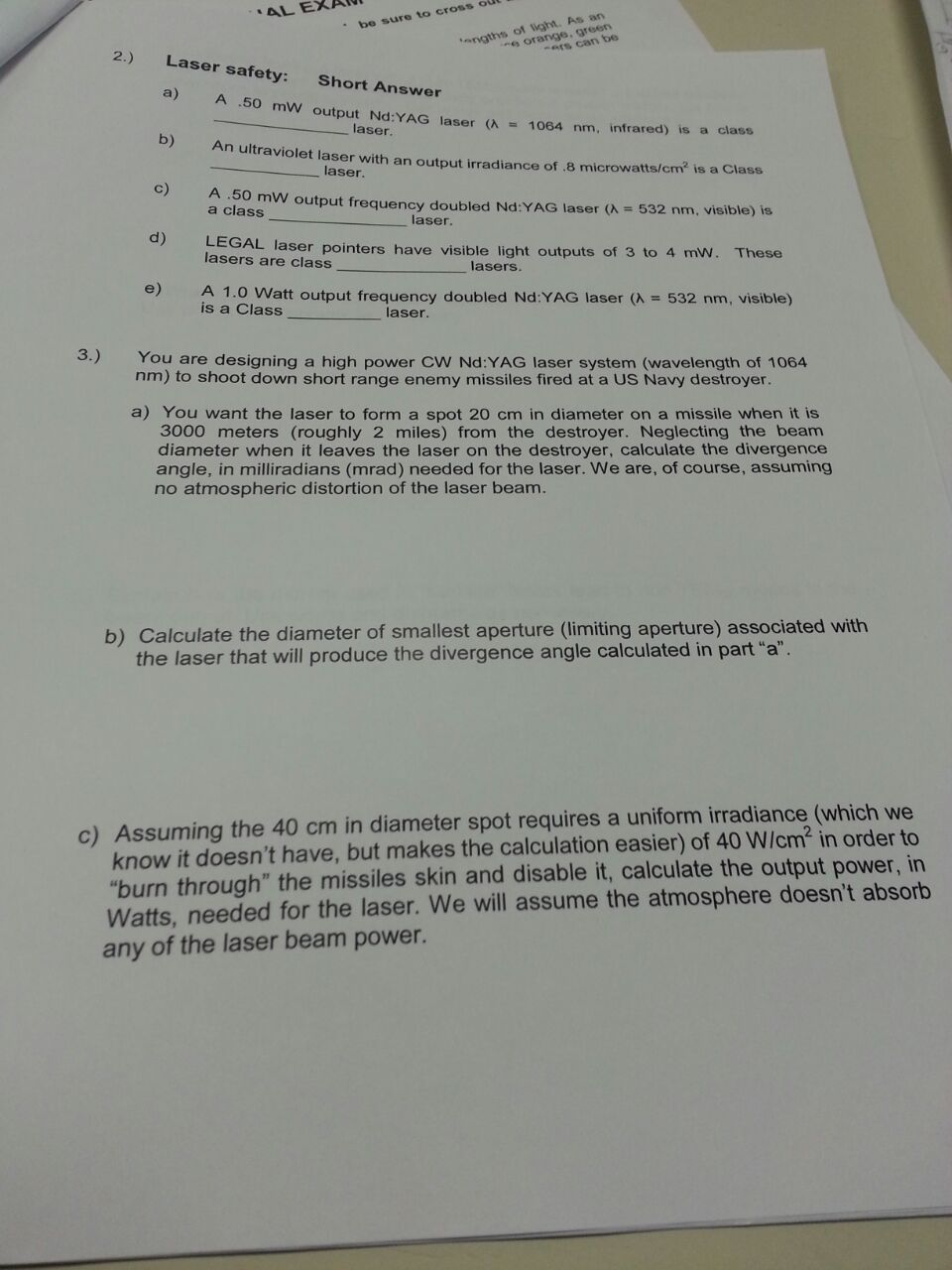 2.) Laser safety: Short Answer a) A .50 mW output Nd: | Chegg.com