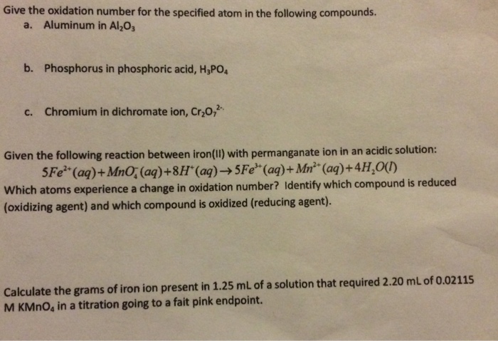 Solved Give the oxidation number for the specified atom in | Chegg.com