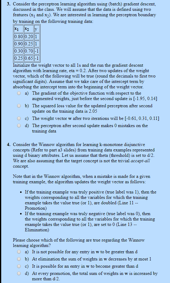 3. Consider the perceptron learning algorithm using | Chegg.com