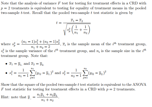 Solved Note That The Analysis Of Variance F Test For Testing