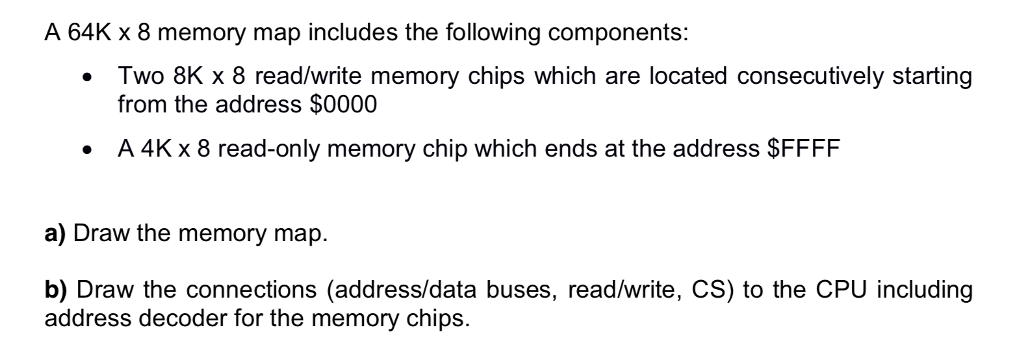 Solved A 64K x 8 memory map includes the following | Chegg.com