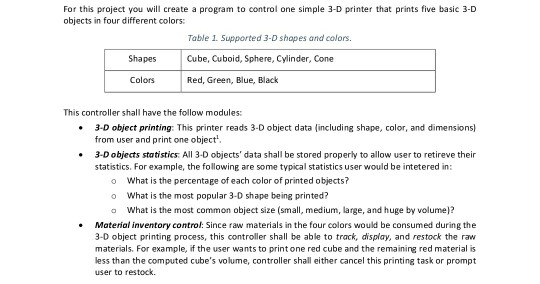 Solved For this project you will create a program to control | Chegg.com