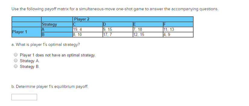 Solved Use the following payoff matrix for a | Chegg.com