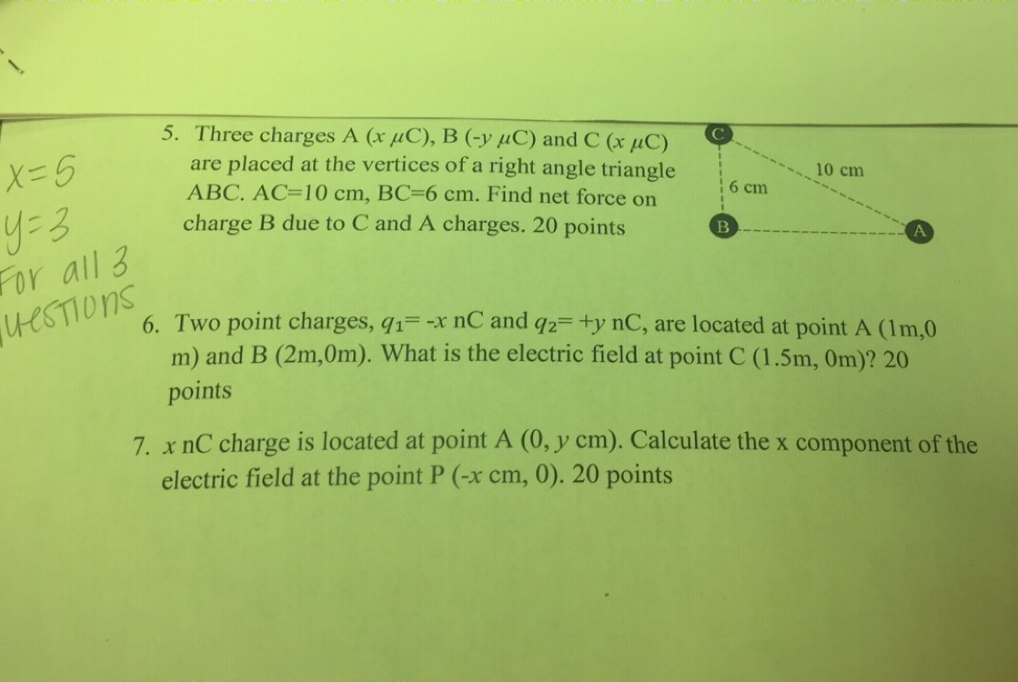Solved Three charges A (x mu C), B (-y mu C) and C (x mu C) | Chegg.com