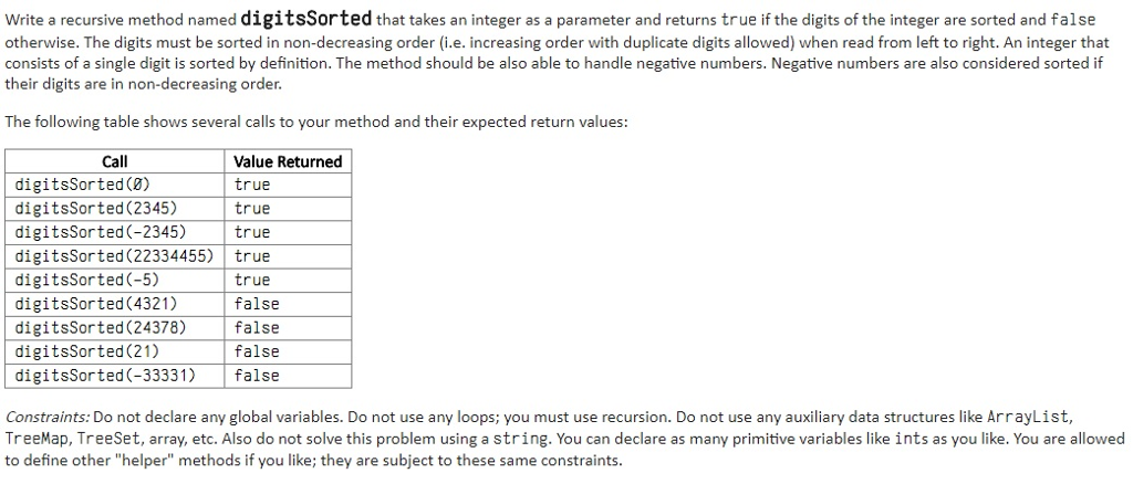 Solved Write A Recursive Method Named Digitssorted That