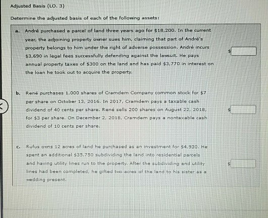 Solved Adjusted Basis (LO. 3) Determine the adjusted basis | Chegg.com
