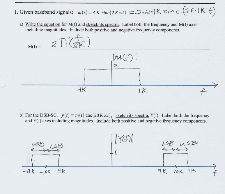 Solved 3 -B Given baseband signals: m(t)=BK sine(6Krt) 4. a) | Chegg.com
