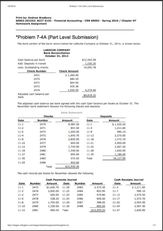 Solved Problem 7-4A Part Level Submision Print by: Andrew | Chegg.com